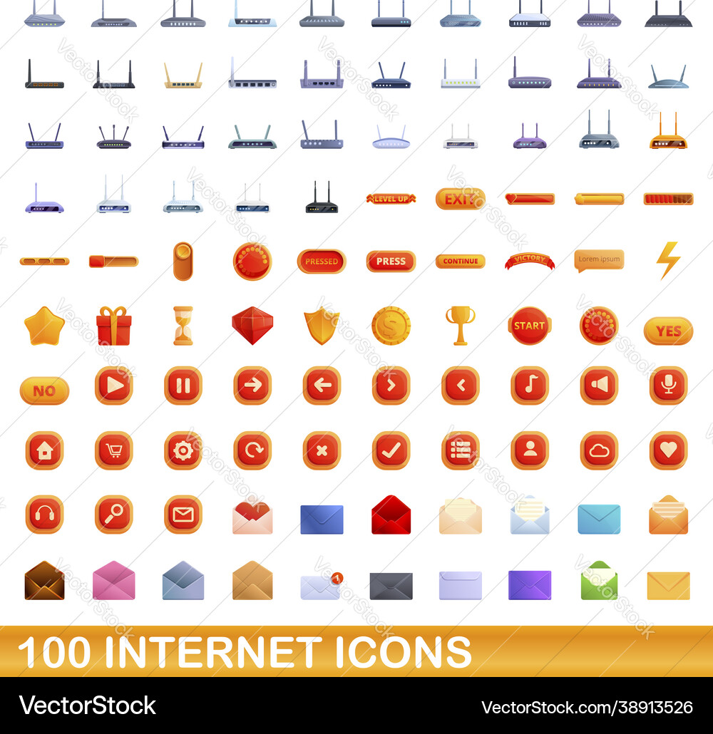 100 internet icons set cartoon style Royalty Free Vector