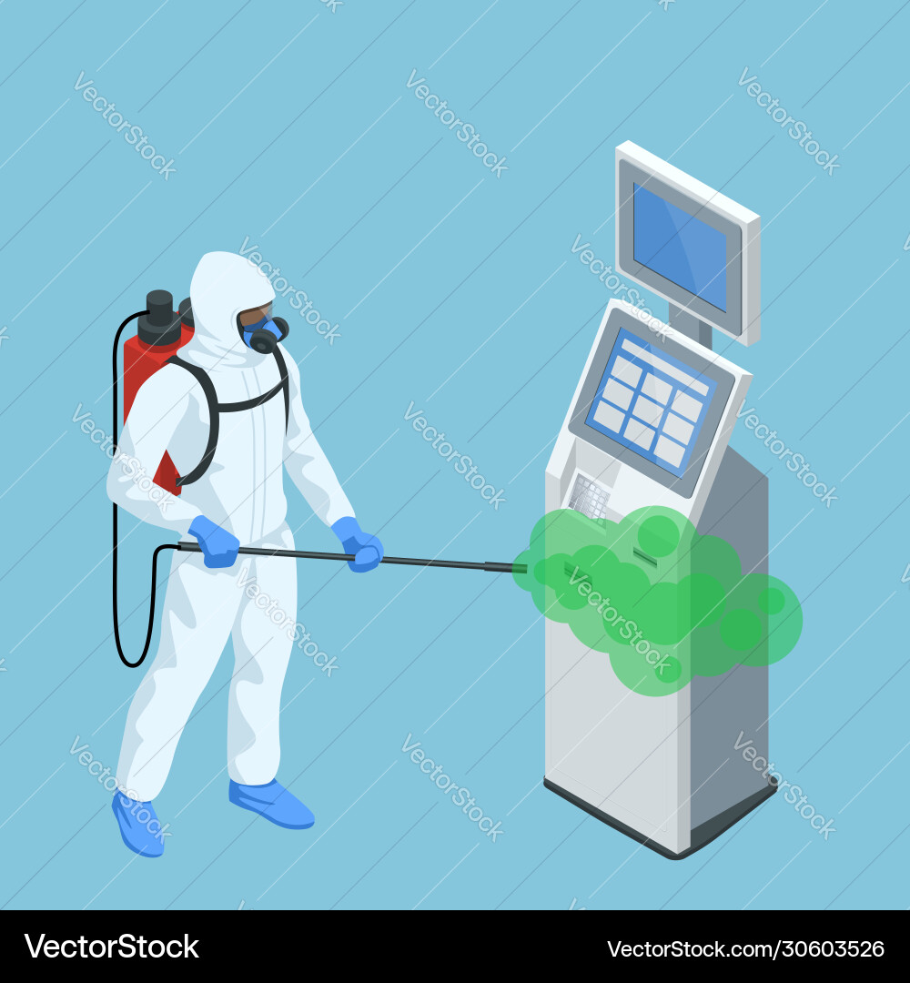 Isometric man wearing a protective suit disinfects