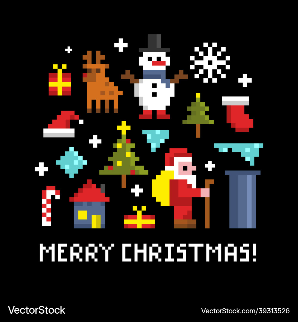 Merry christmas card with retro pixel characters Vector Image