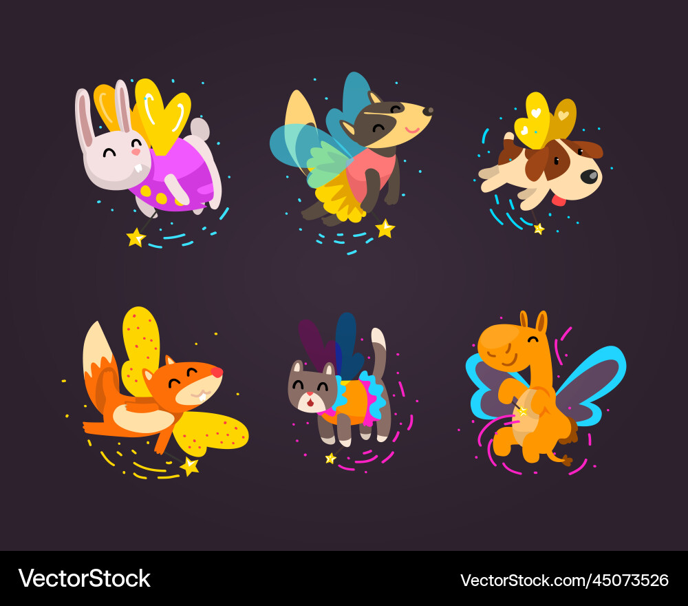 Winged animal characters flying with magic wand Vector Image