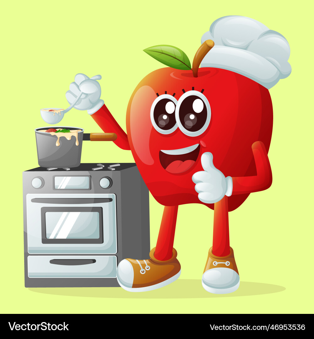 Cute apple character cooking on a stove Royalty Free Vector