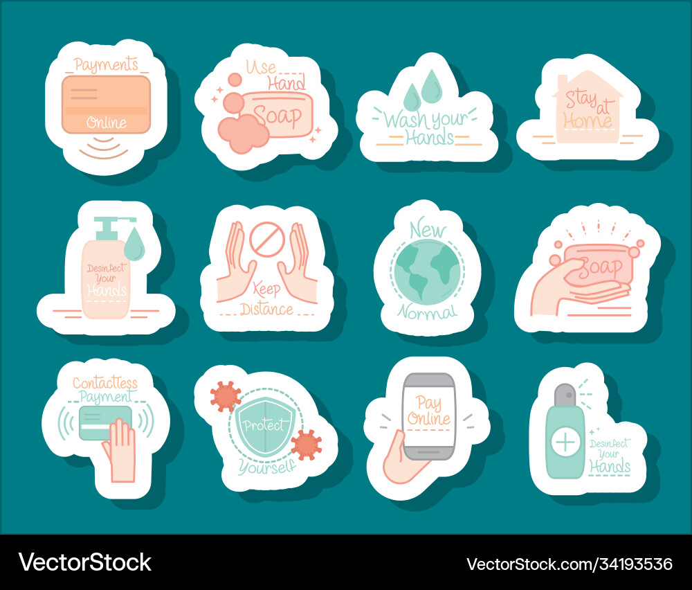 New normal set icons sticker prevention after Vector Image
