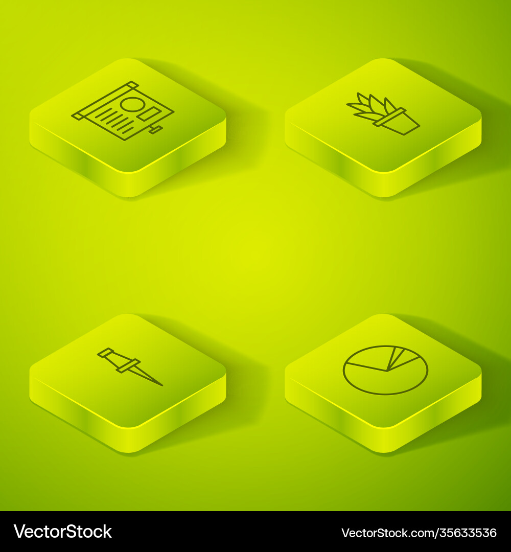 Set isometric plant in pot push pin pie chart Vector Image