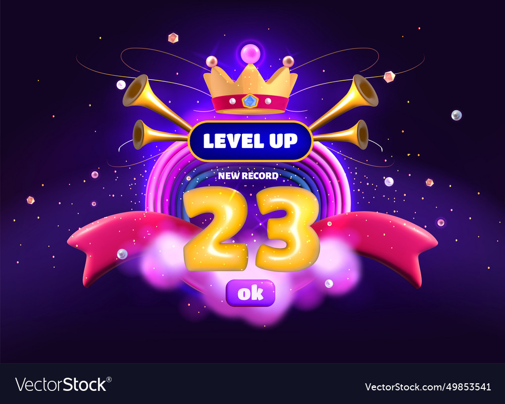 Level Up Game Pop Up Banner With Crown Ribbons Vector Image