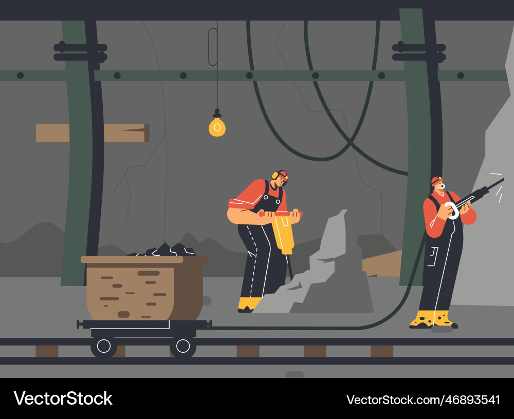 Miners work in mine with industrial equipment Vector Image