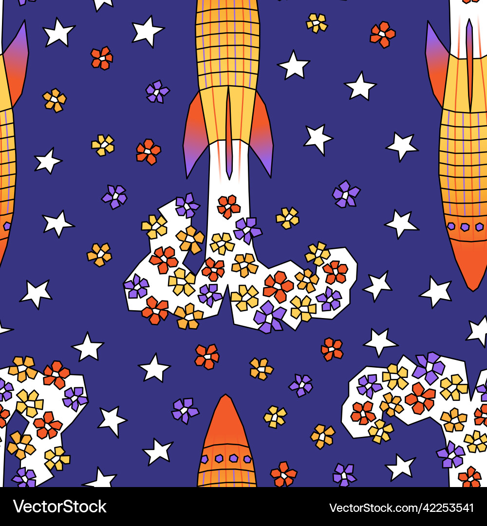 Seamless retro pattern with flower-fuelled rockets