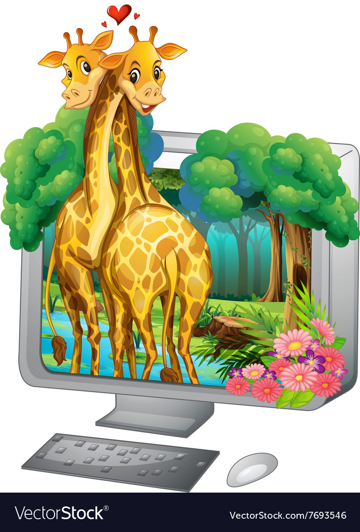 Computer screen with two giraffe hugging Vector Image