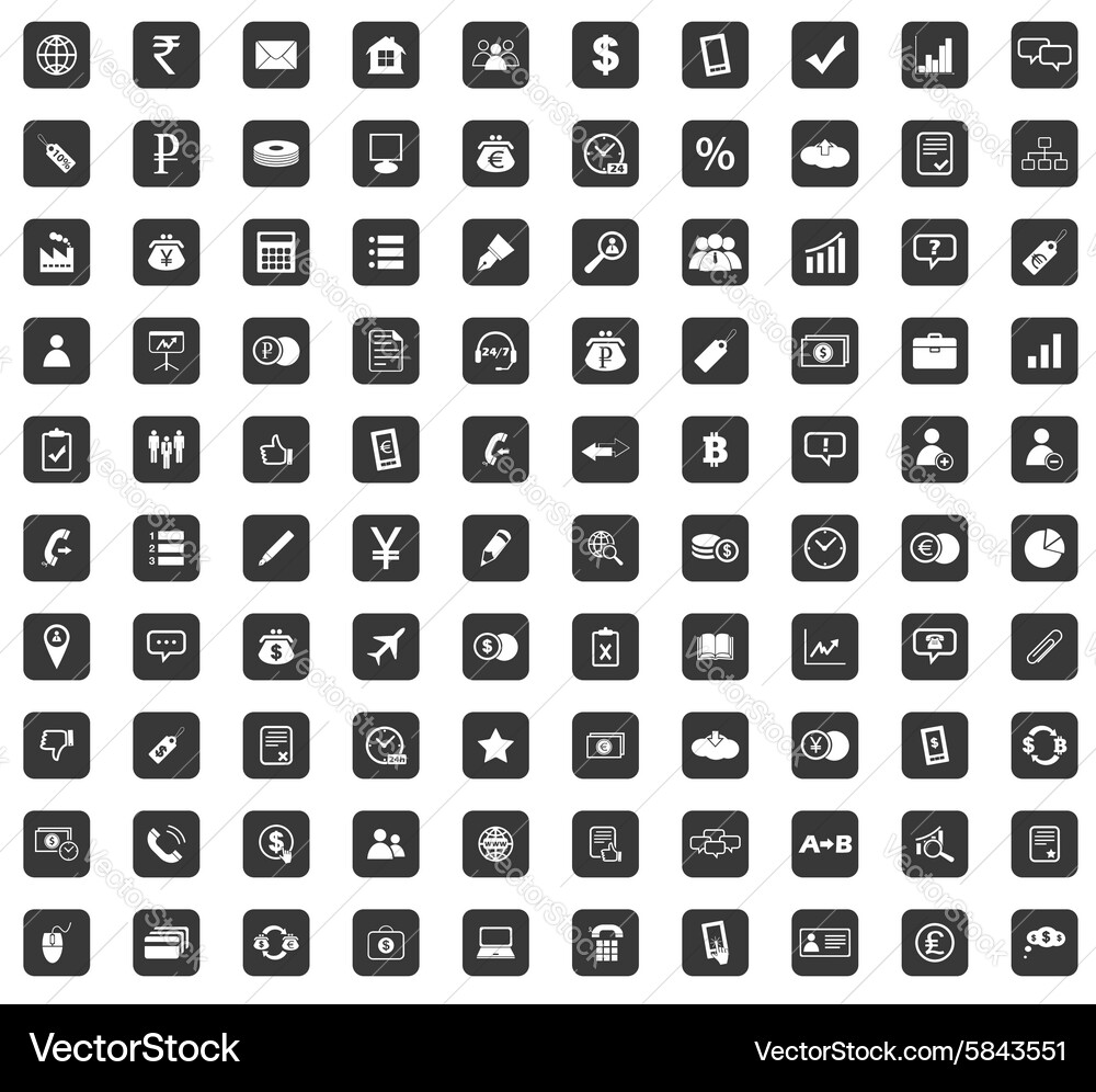 100 business icons set square black Royalty Free Vector