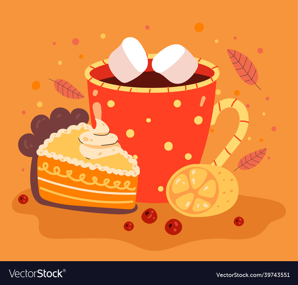 Autumn hot drink with piece of pie concept Vector Image