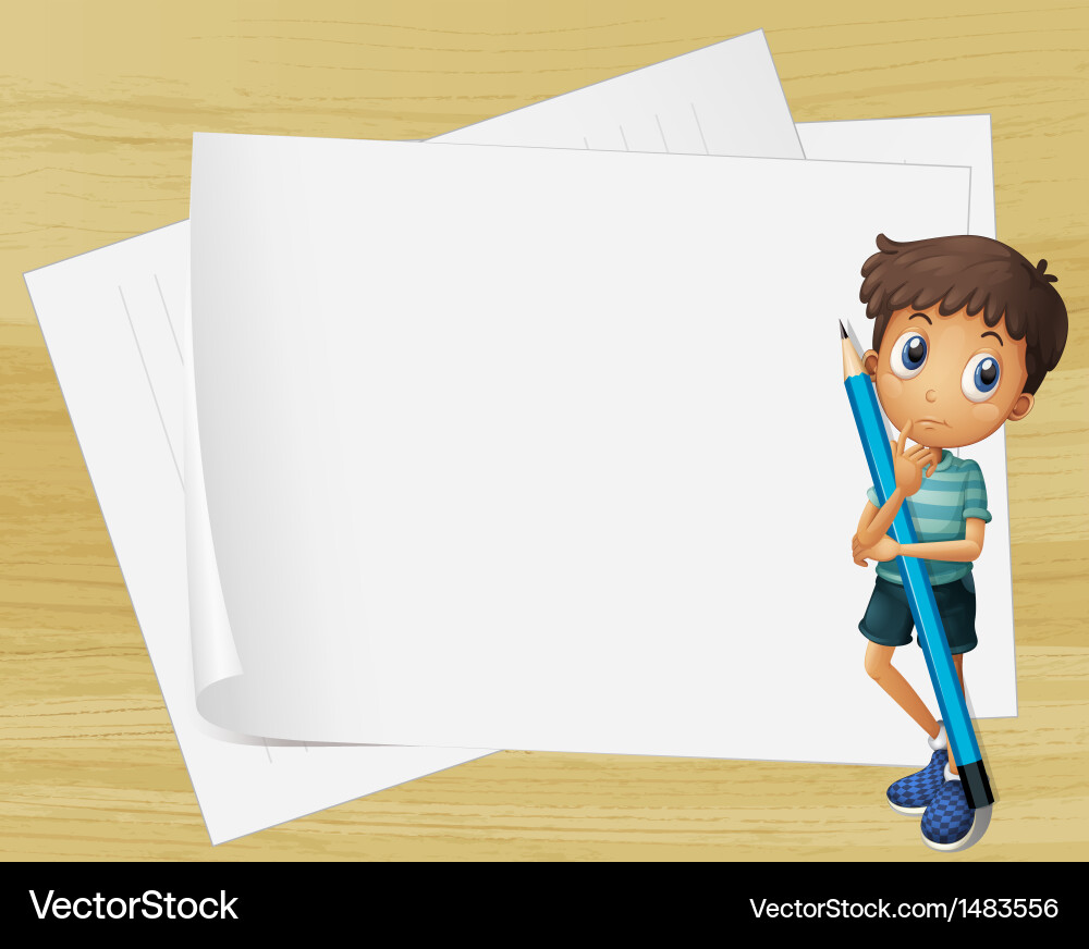 A kid holding a pencil beside the empty papers Vector Image