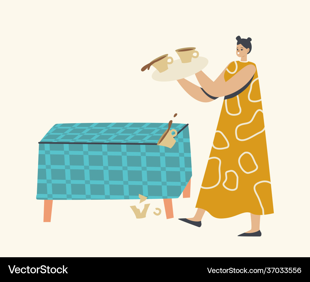 Female character drop tray with coffee cups Vector Image