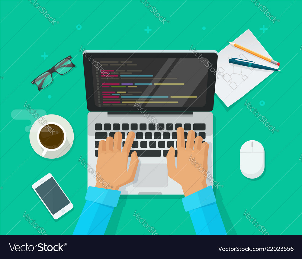 Programmer coding on laptop computer work desk Vector Image