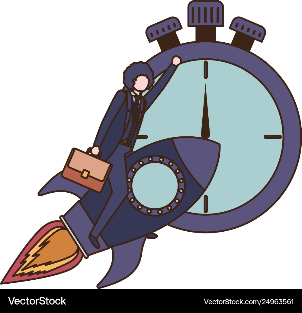 Businessman on rocket and clock avatar character Vector Image