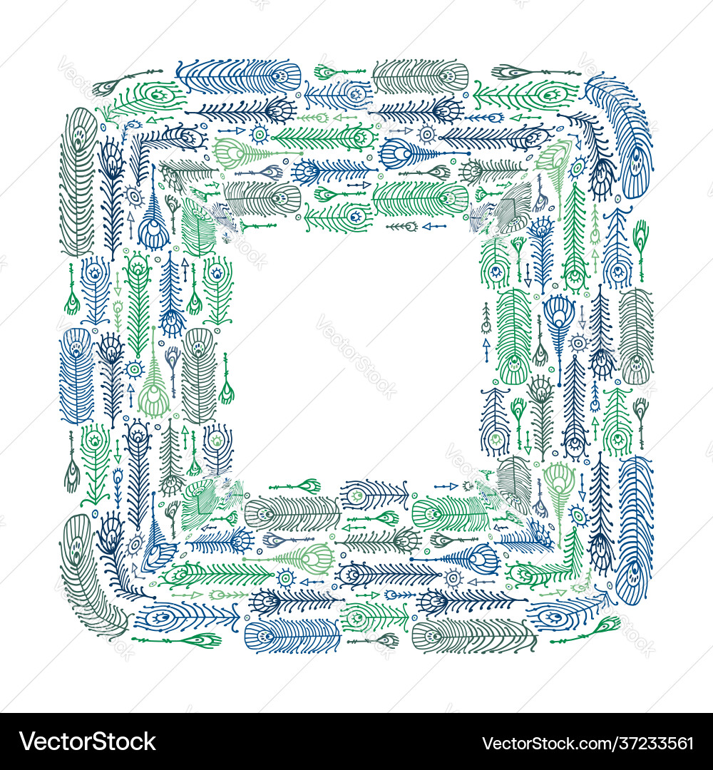 Peacock feathers ethnic style square frame Vector Image