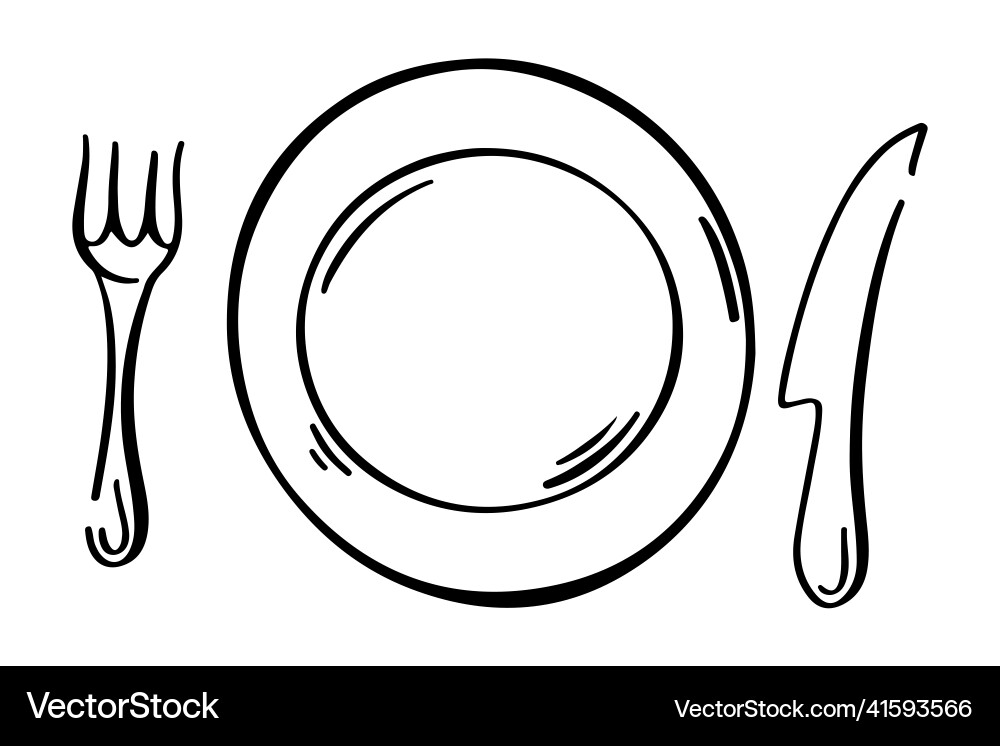 Fork plate and knife hand drawn kitchen utensil Vector Image