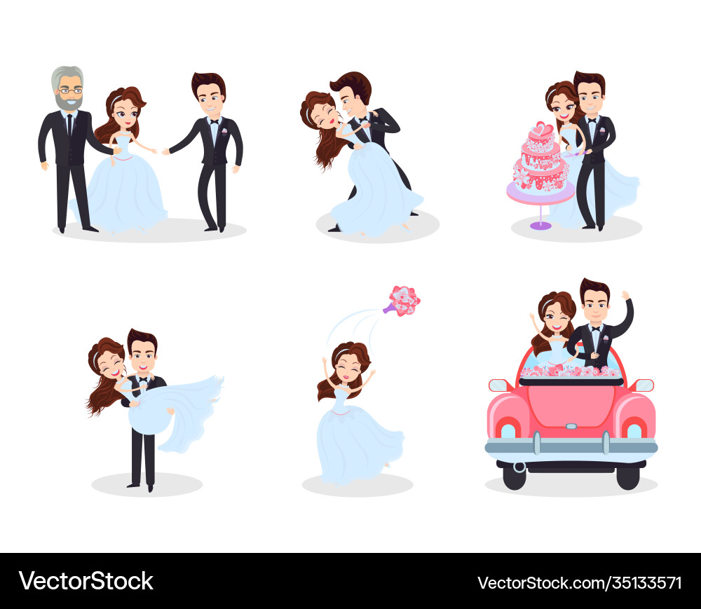 Wedding ceremony bride and groom actions set Vector Image