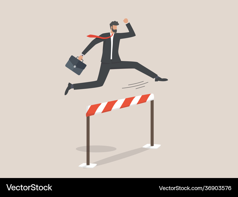 Businessman jumping over hurdle barrier on way Vector Image
