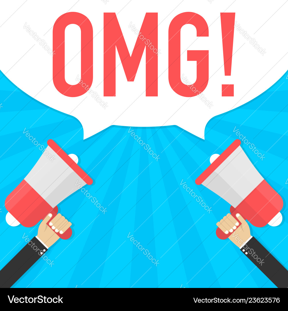 Male hand holding megaphone with omg speech bubble