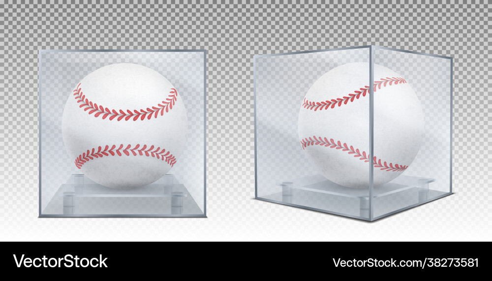 Baseball balls in glass case front and corner view