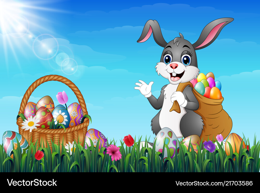Easter bunny carrying sack full of easter eggs in Vector Image