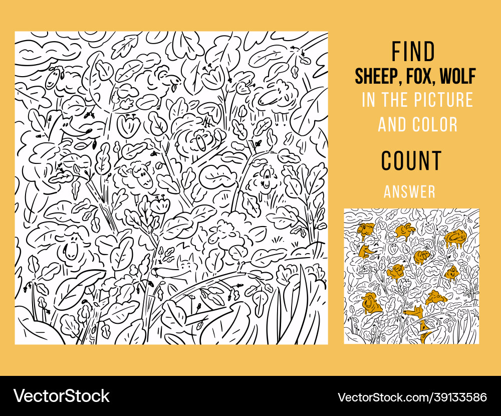 Find sheep fox wolf and color count games Vector Image