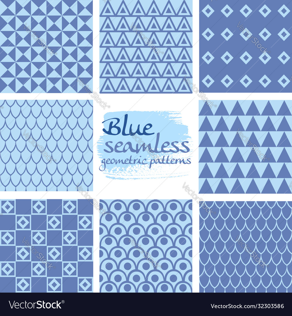 Set blue seamless geometric patterns on white 7 Vector Image