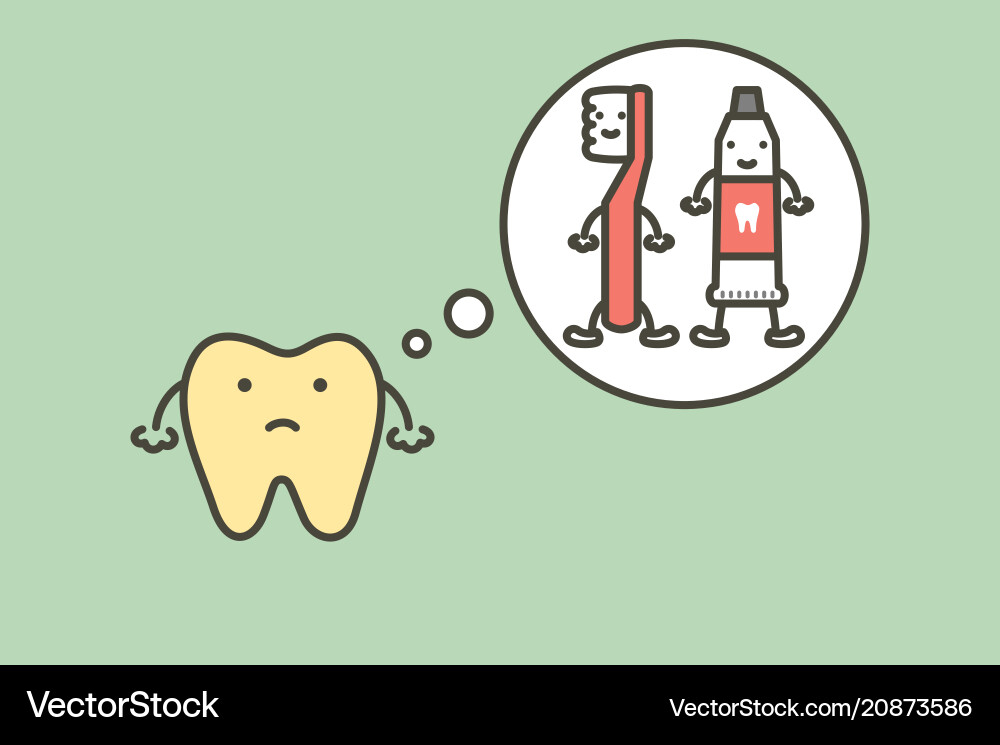 Yellow tooth thinking of toothbrush and toothpaste