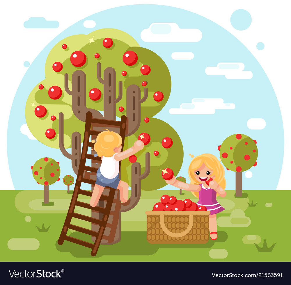 Autumn happy children boy girl harvest apples crop