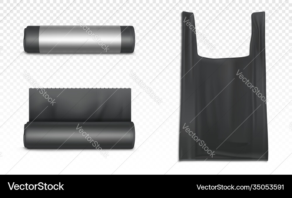 Black plastic bag in roll and sack with handles Vector Image