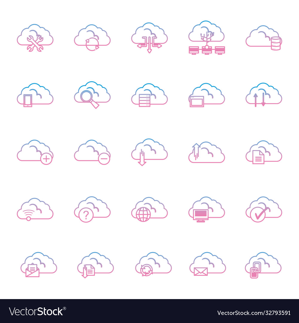 Cloud computing gradient style icon set Royalty Free Vector