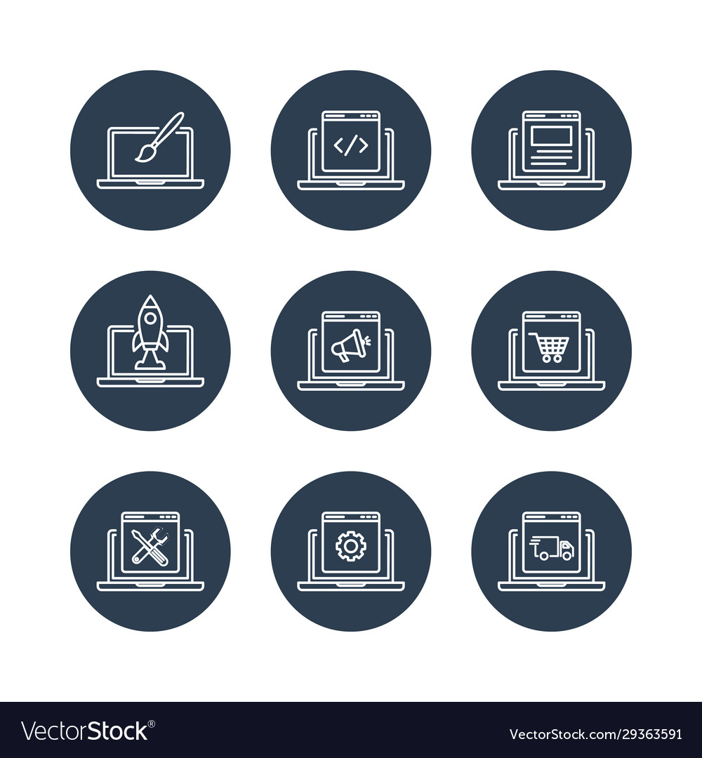 Laptop programming line icon set Royalty Free Vector Image