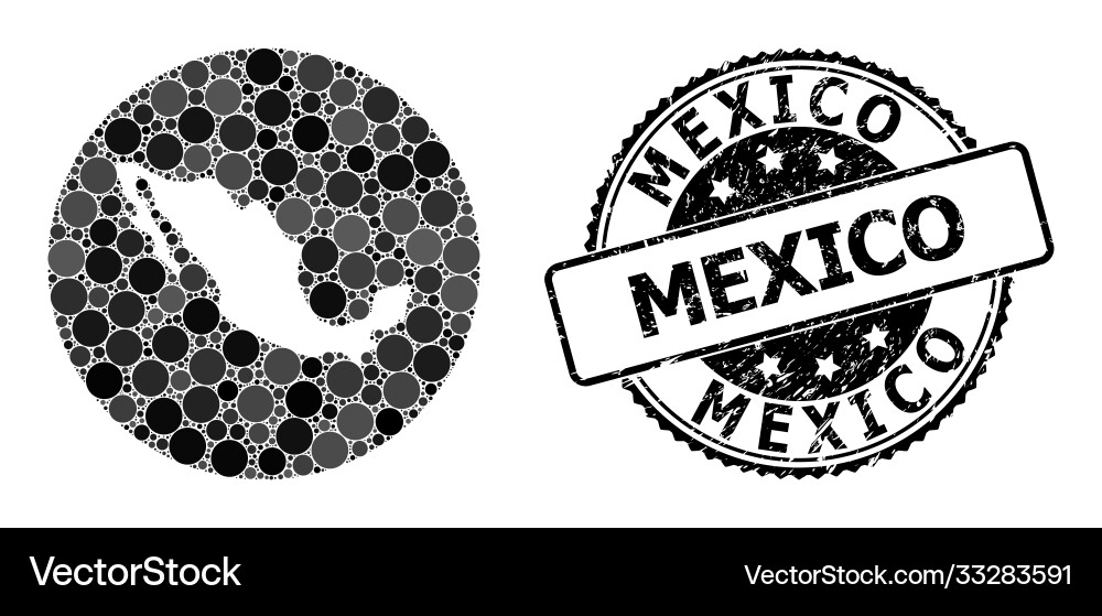 Mosaic stencil round map mexico and rubber seal Vector Image