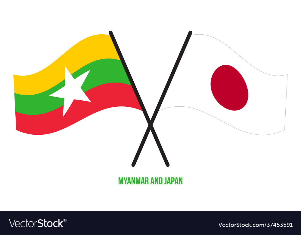 Myanmar and japan flags crossed waving flat Vector Image