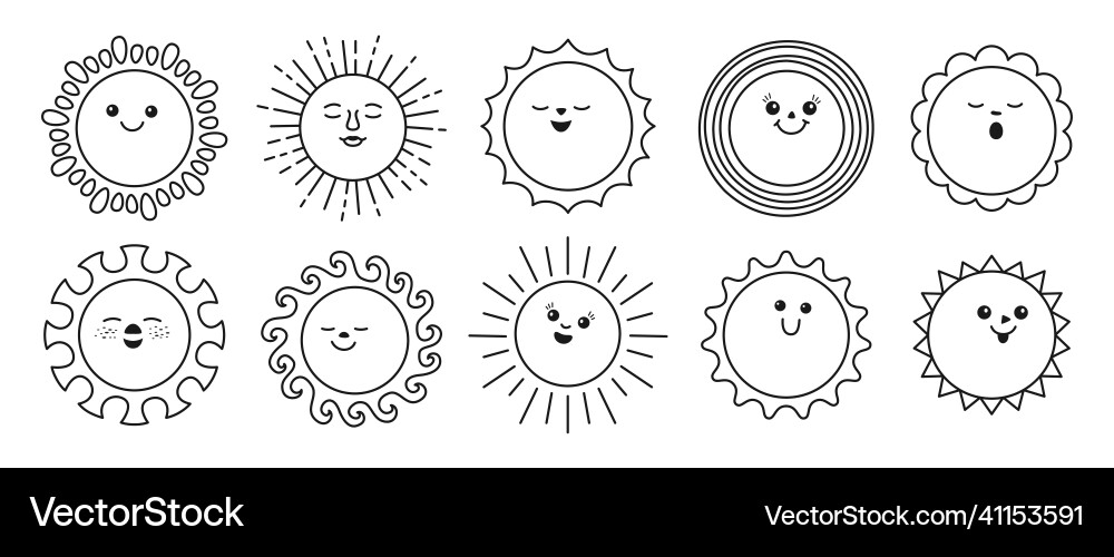 Sun emotion doodle outline character set faces Vector Image