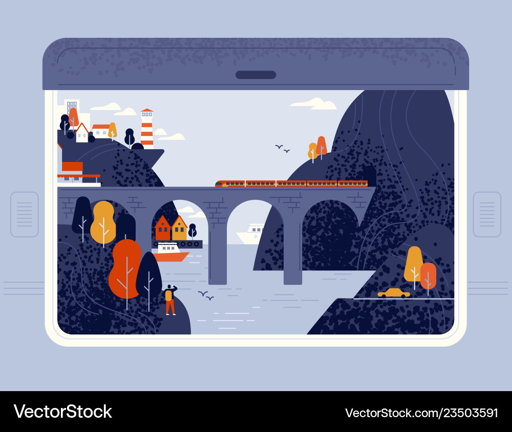 Train window view on seaside town sea lighthouse Vector Image