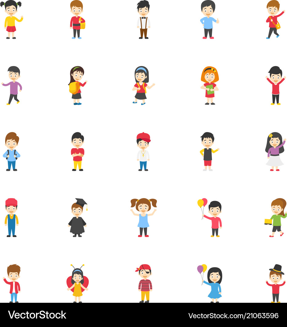 Kids cartoon characters flat icons pack Royalty Free Vector