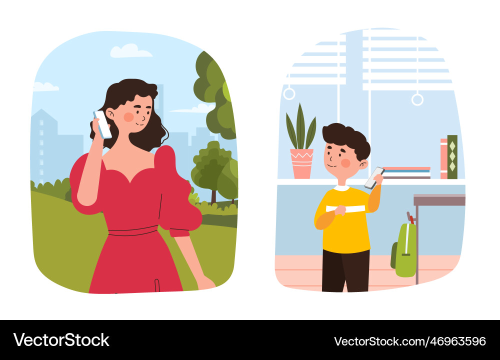 Mother and son talk by phone Royalty Free Vector Image