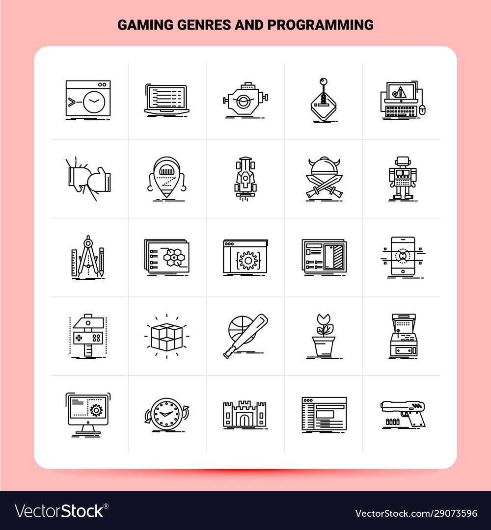 Outline 25 gaming genres and programming icon set Vector Image