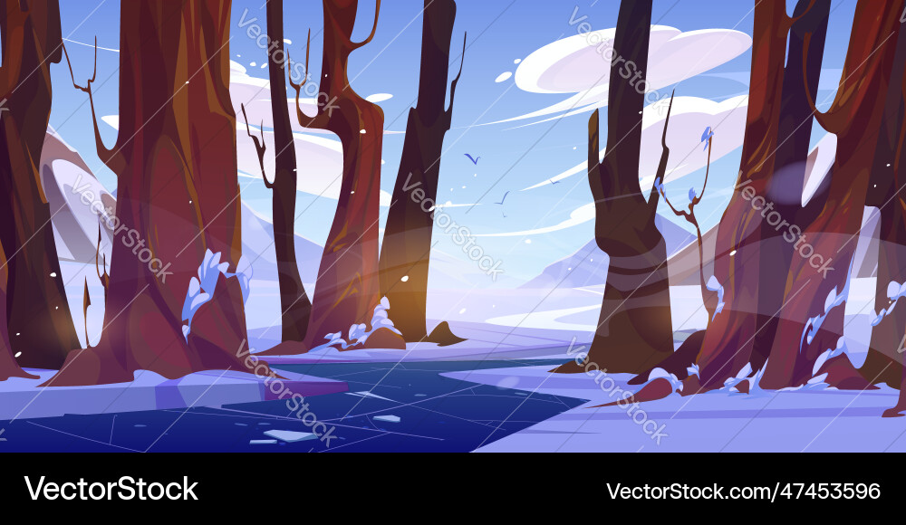 Winter snowy forest landscape in mountain valley Vector Image