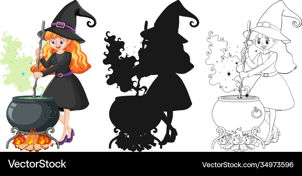 Witch with magic pot in color and outline and Vector Image