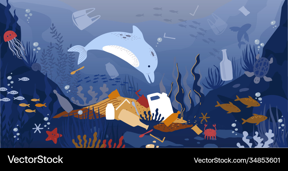 Sea garbage marine animals floating in dirty Vector Image