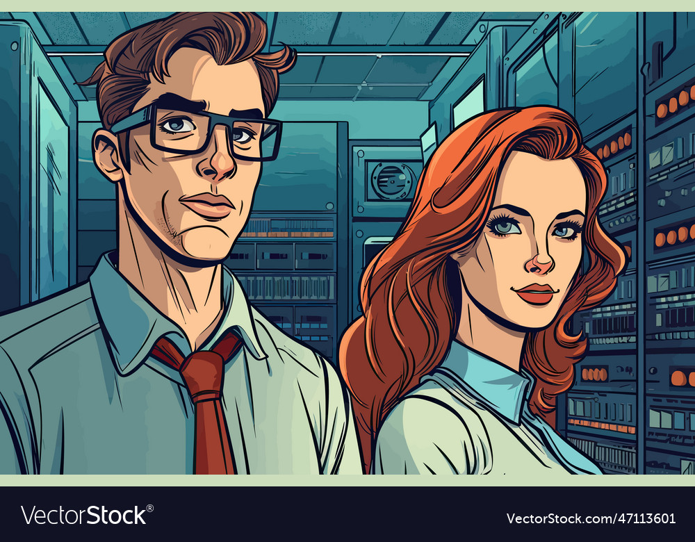 Two computer engineer technicians in rack server Vector Image