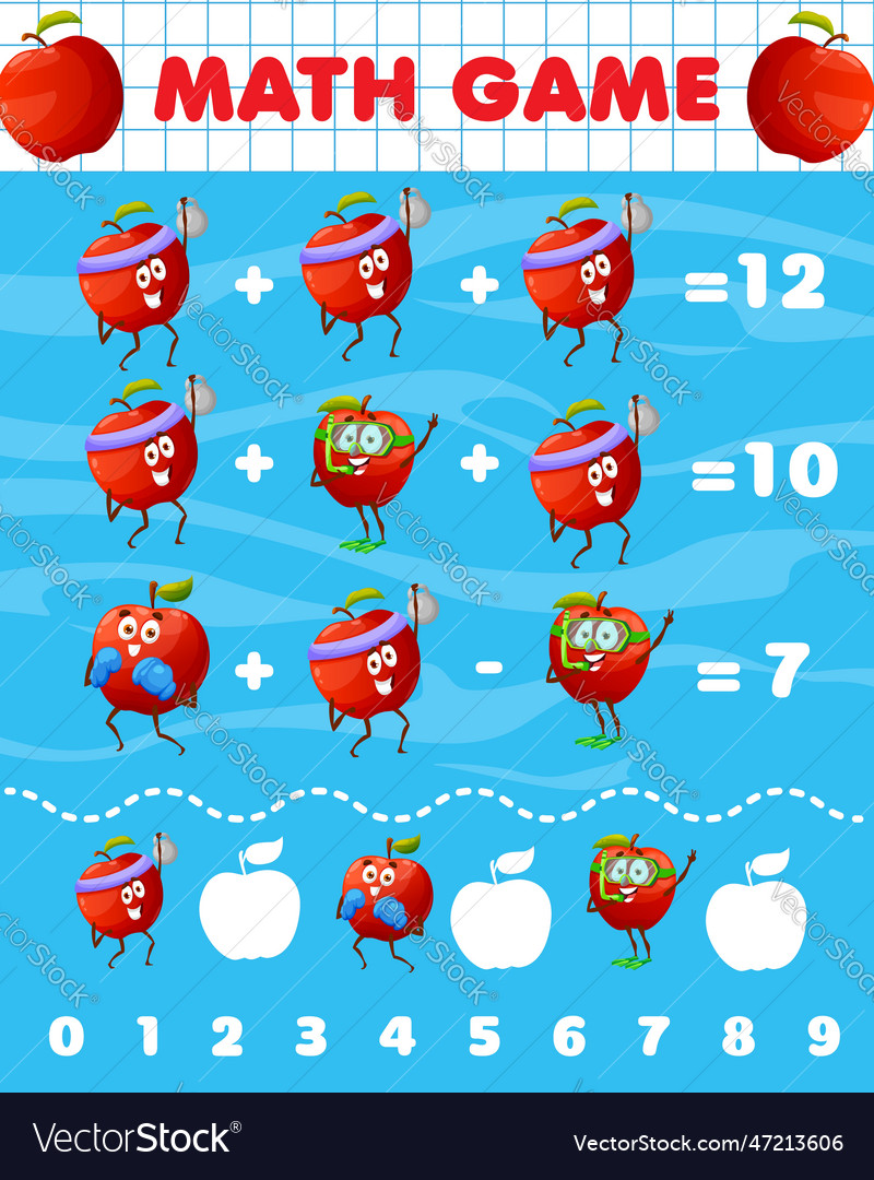 Cheerful cartoon red apple characters math game Vector Image