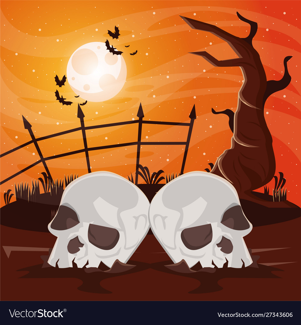 Halloween dark scene with skulls heads Royalty Free Vector