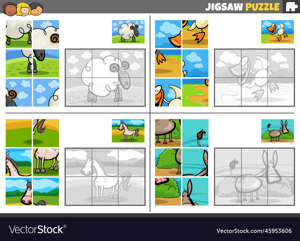 Jigsaw puzzle game set with comic farm animals Vector Image