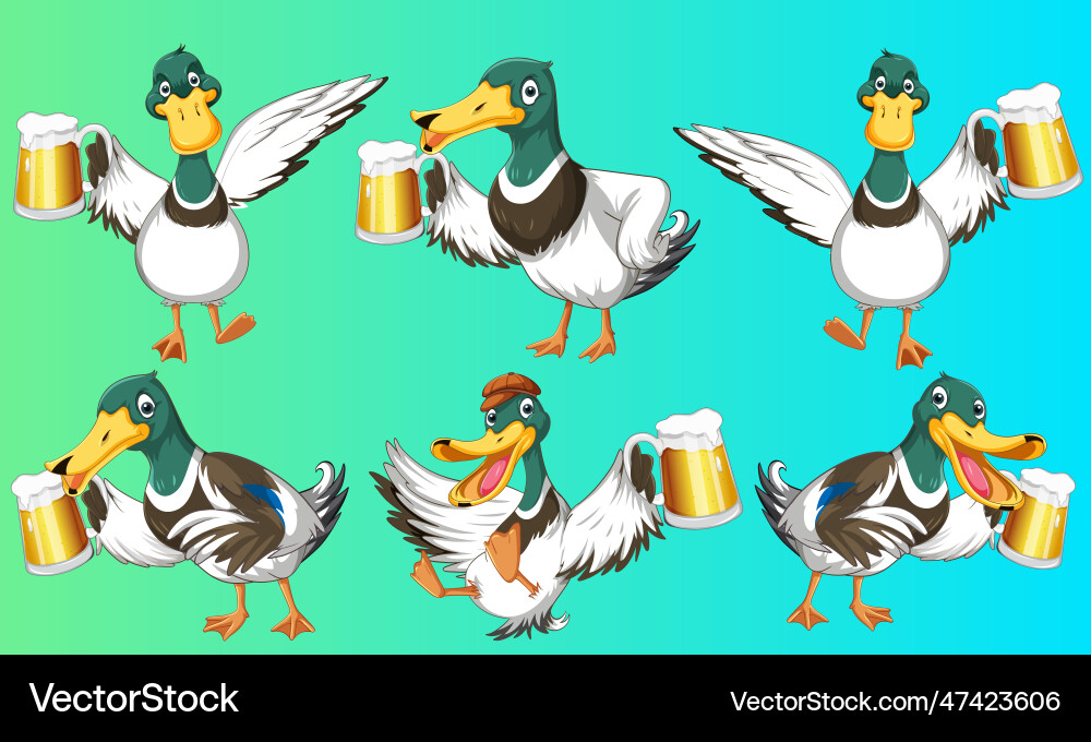 Set of wild duck drinking beer in different pose Vector Image
