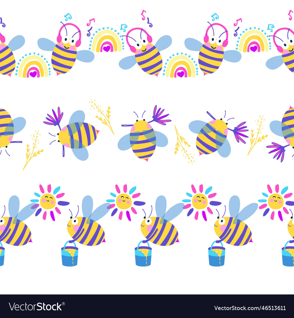 Cute fun honey bees seamless borders set Vector Image