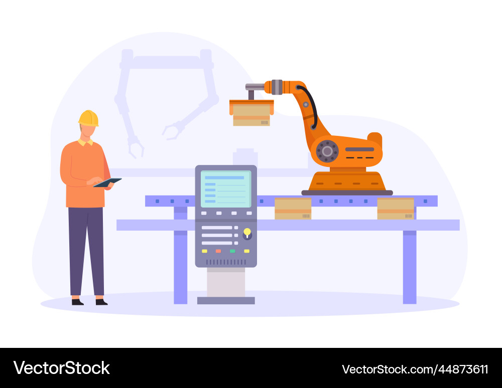 People working in factory robotic arm picking Vector Image