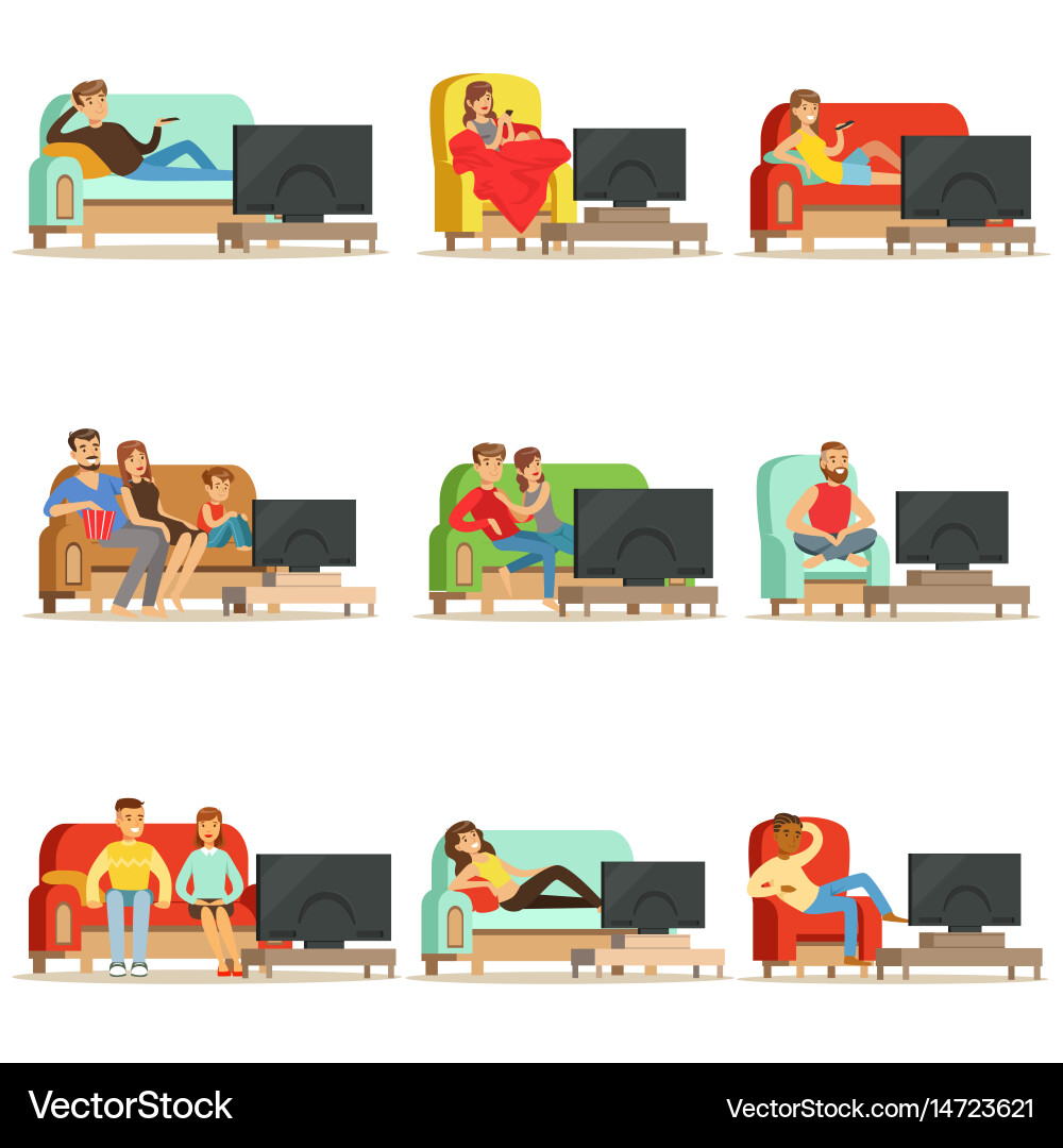 Happy people watching television sitting on the Vector Image