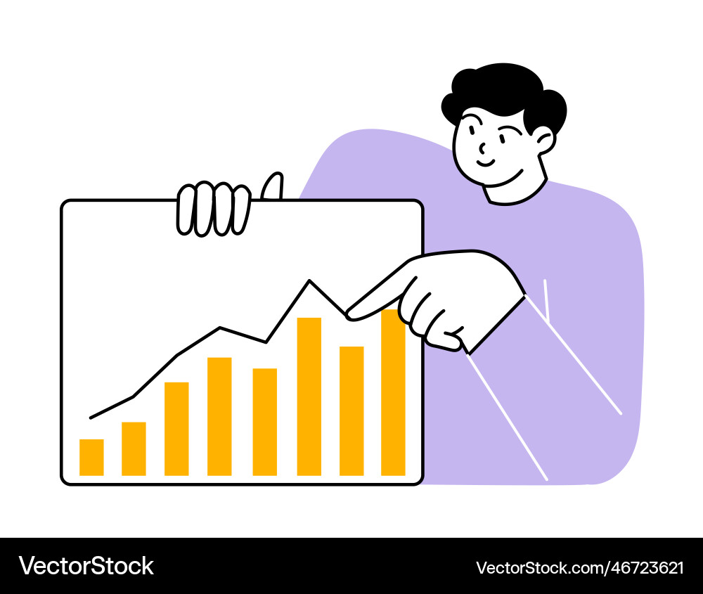 Person shows the change of indicators on graph Vector Image